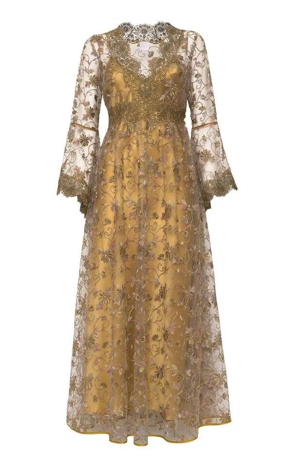 Loretta Caponi Topazio Lace-trimmed Midi Dress - Gold