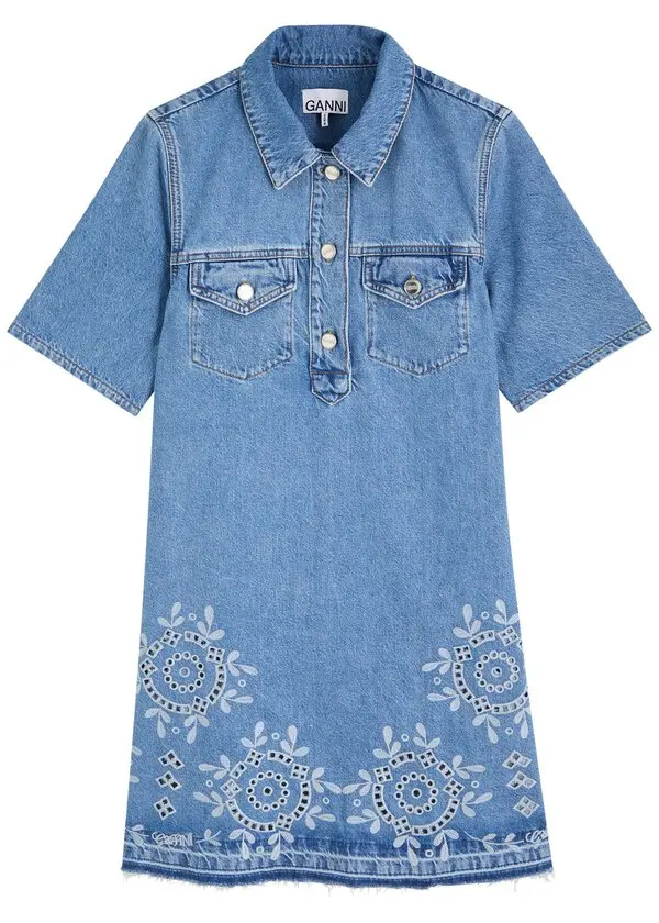 ganni broderie anglaise dress blue Ganni Illusion Blue Cotton Broderie Anglaise Puff Sleeve Mini Dress main image 0