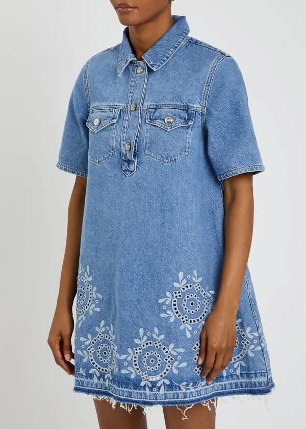 ganni broderie anglaise denim mini dress GANNI Broderie Anglaise Denim Mini Dress