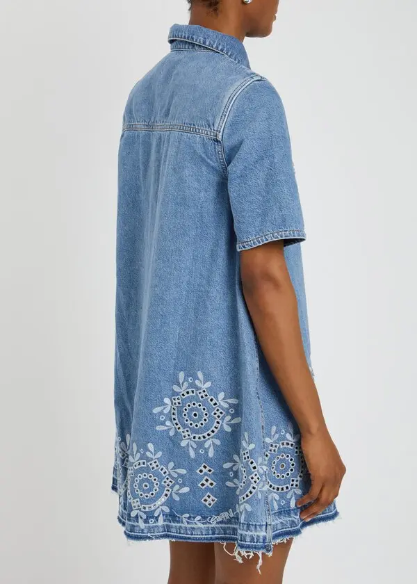 Ganni Broderie Anglaise Mini Dress In Denim - 56% Off | Editorialist