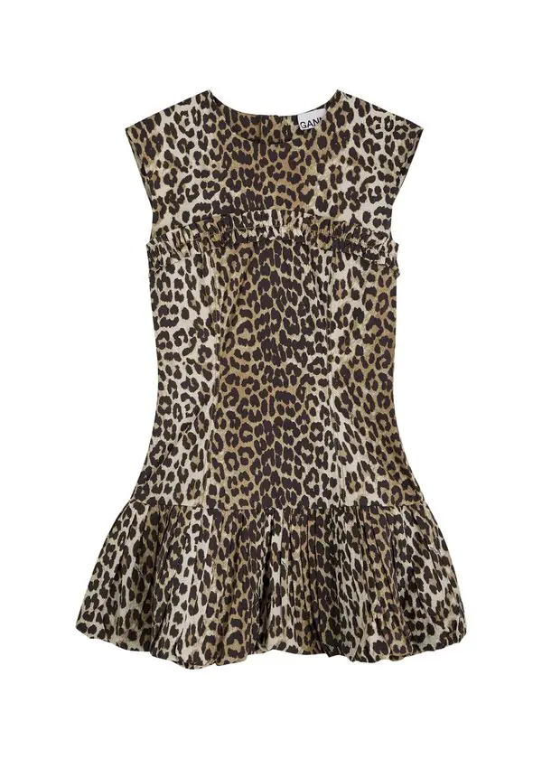 GANNI Print Cotton-poplin Mini Dress - Leopard