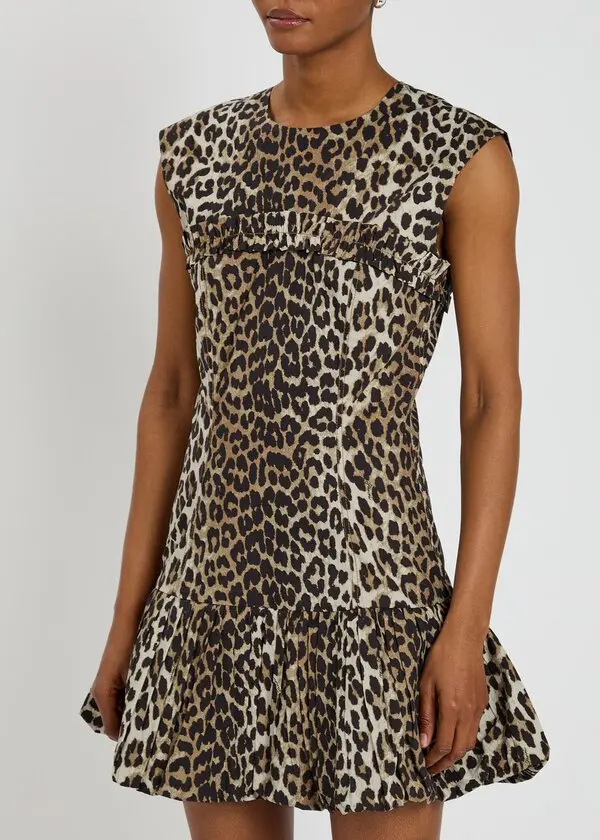 GANNI Print Cotton-poplin Mini Dress - Leopard