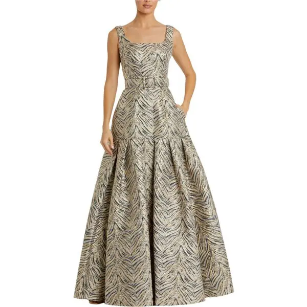 Mac Duggal Metallic Zebra Print A-line Gown With Belt - Gold