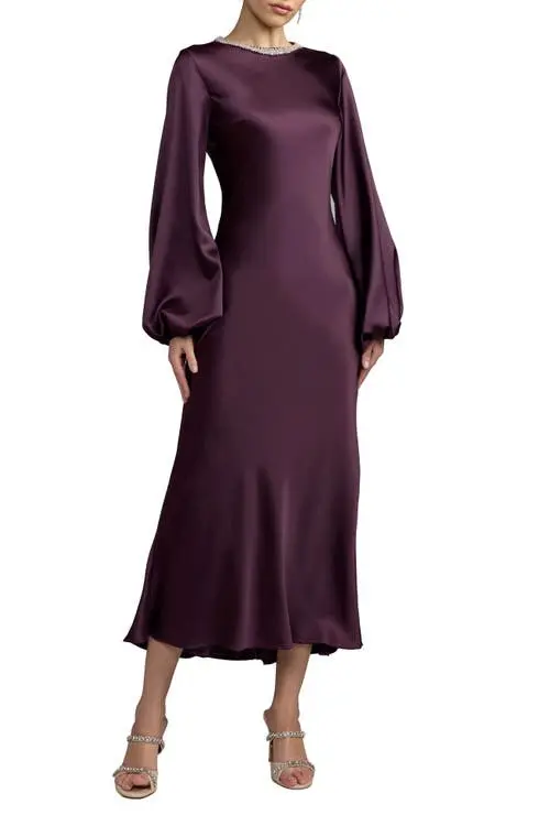 Mac Duggal High Neck Long Sleeve Crystal Embellished Satin Maxi Dress - Eggplant