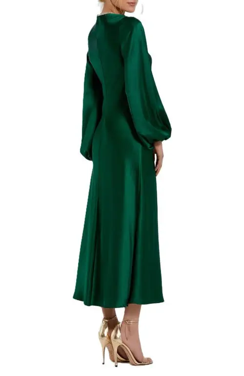Mac Duggal High Neck Long Sleeve Crystal Embellished Satin Maxi Dress