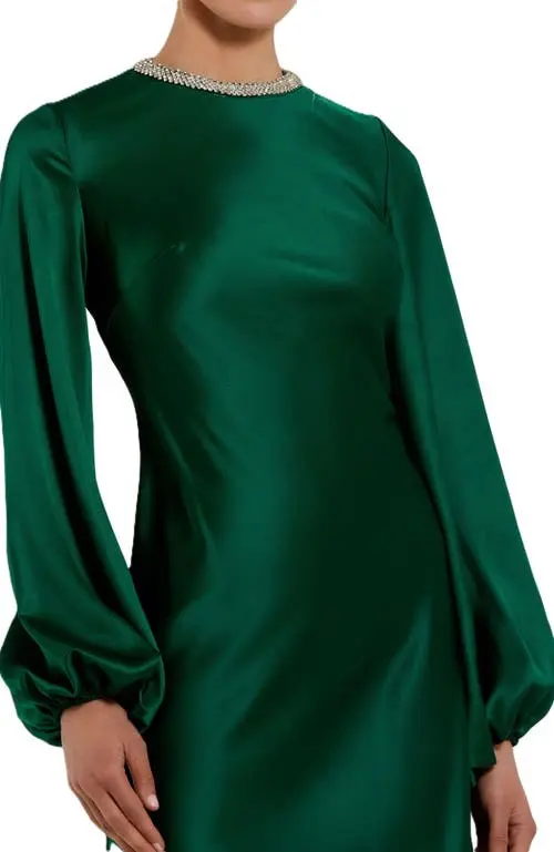 Mac Duggal High Neck Long Sleeve Crystal Embellished Satin Maxi Dress