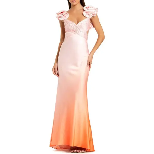 Mac Duggal Charmeuse Ombre Gown With Ruffle Straps - Sunset