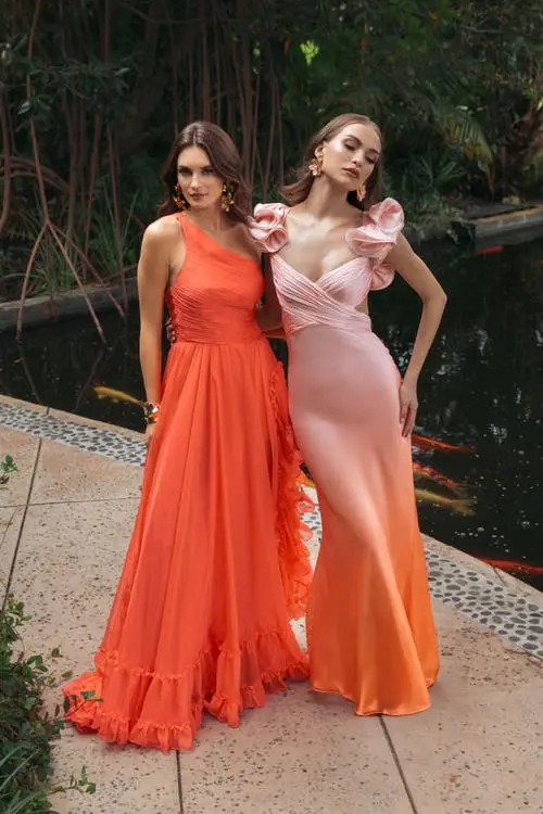 Mac Duggal Charmeuse Ombre Gown With Ruffle Straps - Sunset