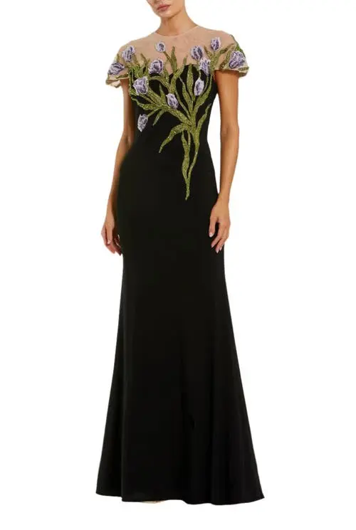 Mac Duggal Jersey Floral Embroidered Illusion Neck Gown - Black Multi