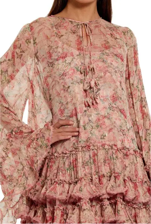 Mac Duggal Floral Long Sleeve Ruffle Viscose Mini Dress
