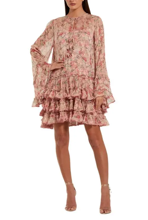 Mac Duggal Floral Long Sleeve Ruffle Viscose Mini Dress - Pink Multi