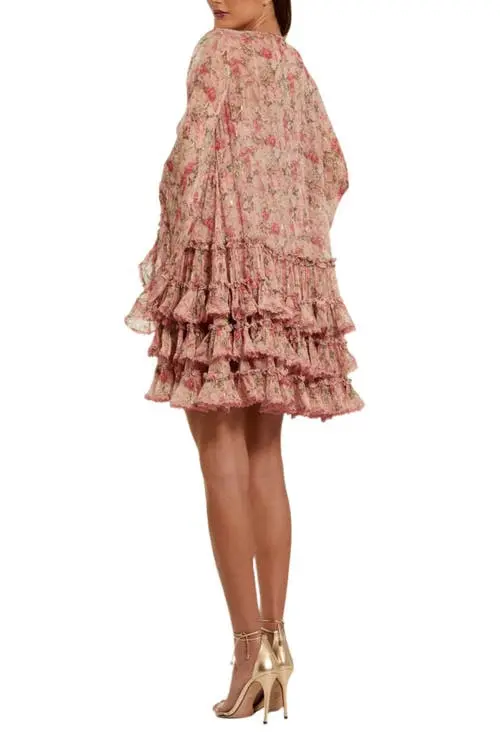 Mac Duggal Floral Long Sleeve Ruffle Viscose Mini Dress