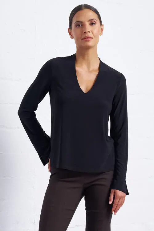 FRANNE GOLDE Luxe Stretch Long Sleeve V-neck Top - Black