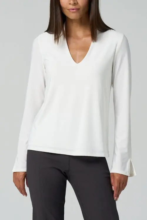 FRANNE GOLDE Luxe Stretch Long Sleeve V-neck Top - Ivory