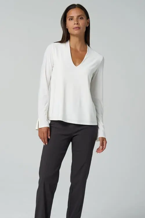 FRANNE GOLDE Luxe Stretch Long Sleeve V-neck Top - Ivory