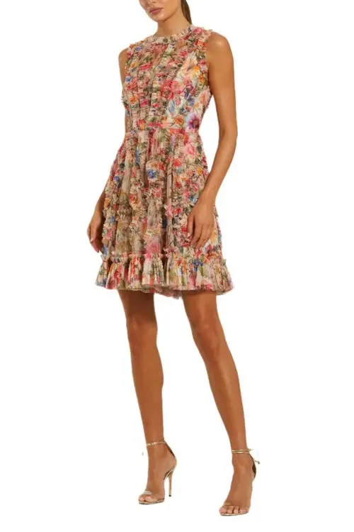 Mac Duggal Floral Mesh Micro Ruffle High Neck Mini Dress - Cream Multi