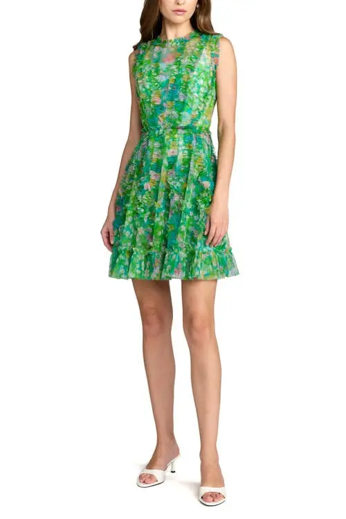 Mac Duggal Floral Mesh Micro Ruffle High Neck Mini Dress - Green Multi