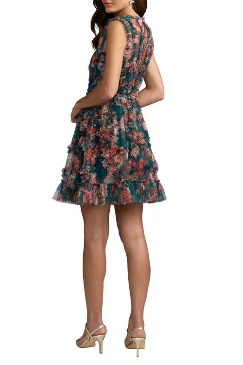 Mac Duggal Floral Mesh Micro Ruffle High Neck Mini Dress - Teal Multi