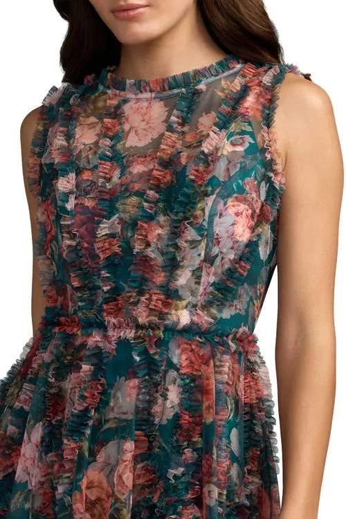 Mac Duggal Floral Mesh Micro Ruffle High Neck Mini Dress - Teal Multi