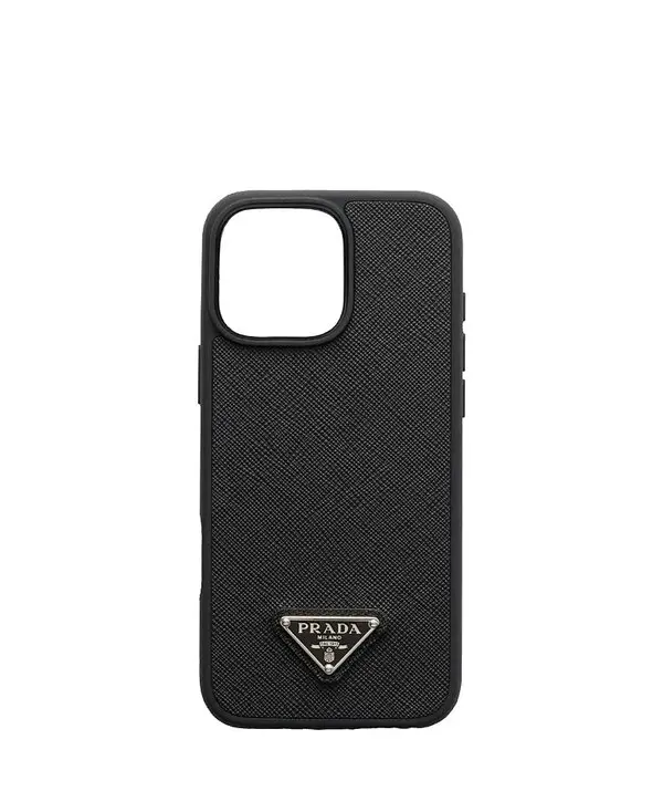 Prada Saffiano Leather Case For Iphone 16 Pro Max - Black/silver