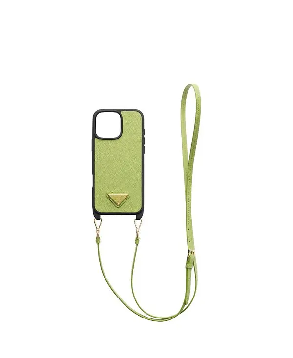 Prada Saffiano Leather Case For Iphone 16 Pro Max With Shoulder Strap - Green