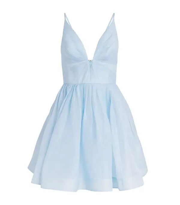 Zimmermann Linen-Silk Plunge-Neck Mini Dress - Blue
