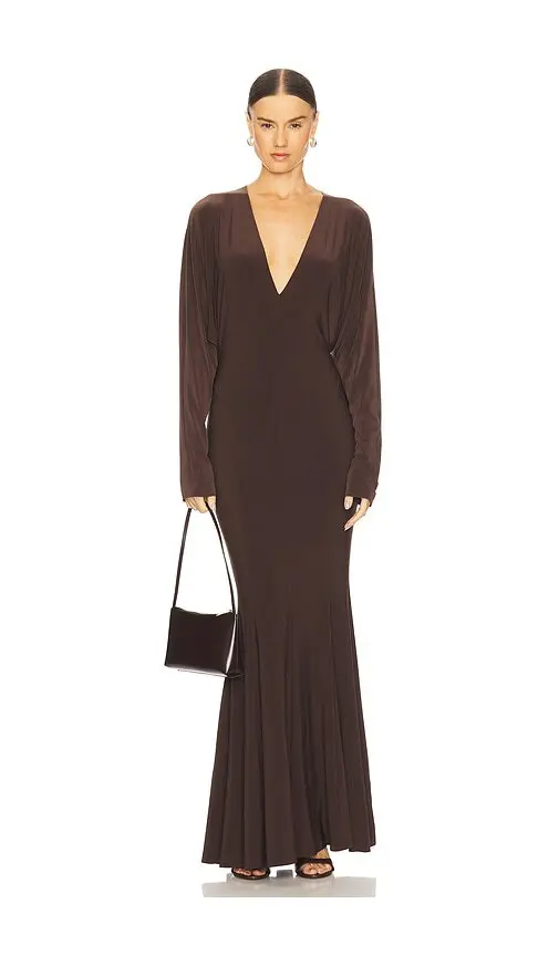 Norma Kamali X Revolve Dolman V Neck Fishtail Gown - Chocolate