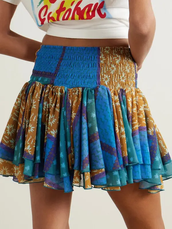 DONDE ESTEBAN Estrellitas Tiered Smocked Printed Chiffon Mini Skirt