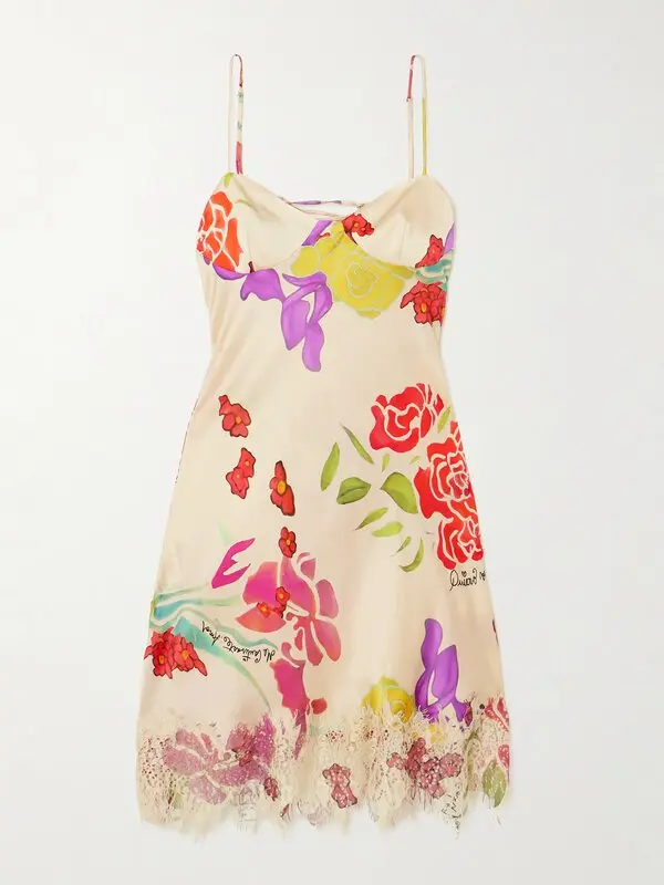 DONDE ESTEBAN Flores Lace-trimmed Floral-print Silk-blend Satin Mini Dress - White
