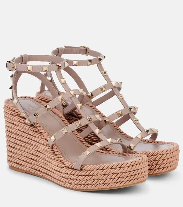Valentino Garavani Rockstud Leather Wedge Espadrilles - Beige