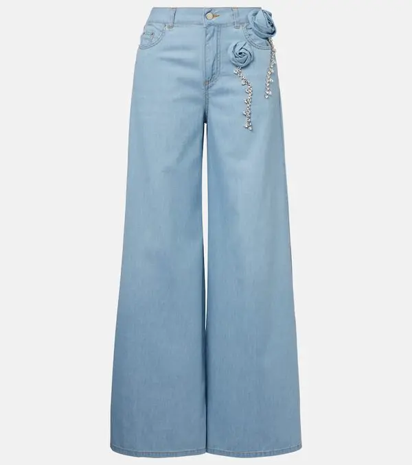 AREA Embellished Floral-appliqué Wide-leg Jeans - Blue
