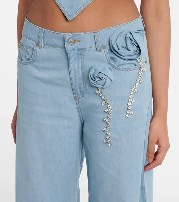 AREA Embellished Floral-appliqué Wide-leg Jeans - Blue