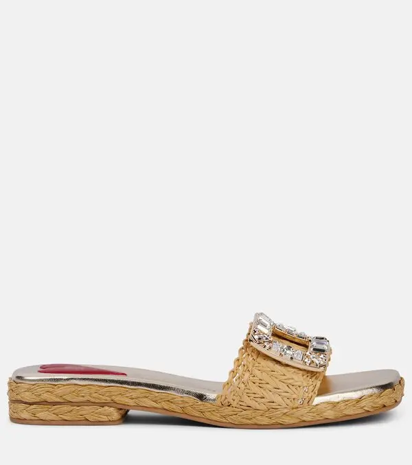 ROGER VIVIER Crystal-embellished Raffia Mules - Beige
