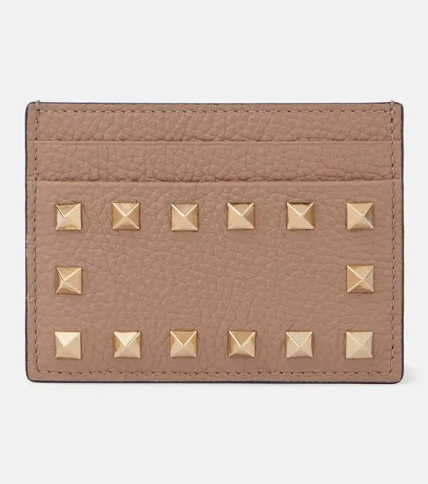 Valentino Garavani Rockstud Leather Card Holder - Beige