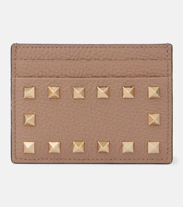 Valentino Garavani Rockstud Leather Card Holder - Beige