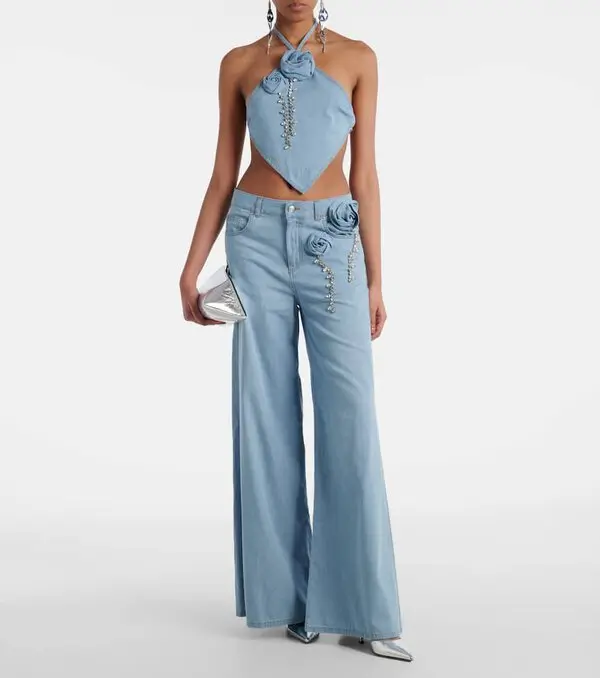 AREA Embellished Floral-appliqué Cotton Top - Blue