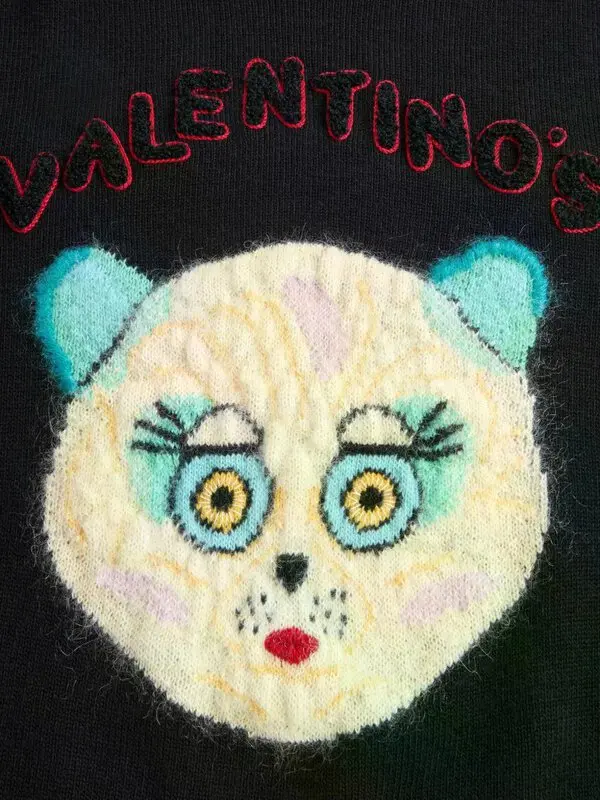 Valentino Garavani Intarsia-knit Cat-motif Crew Neck Sweater - Black