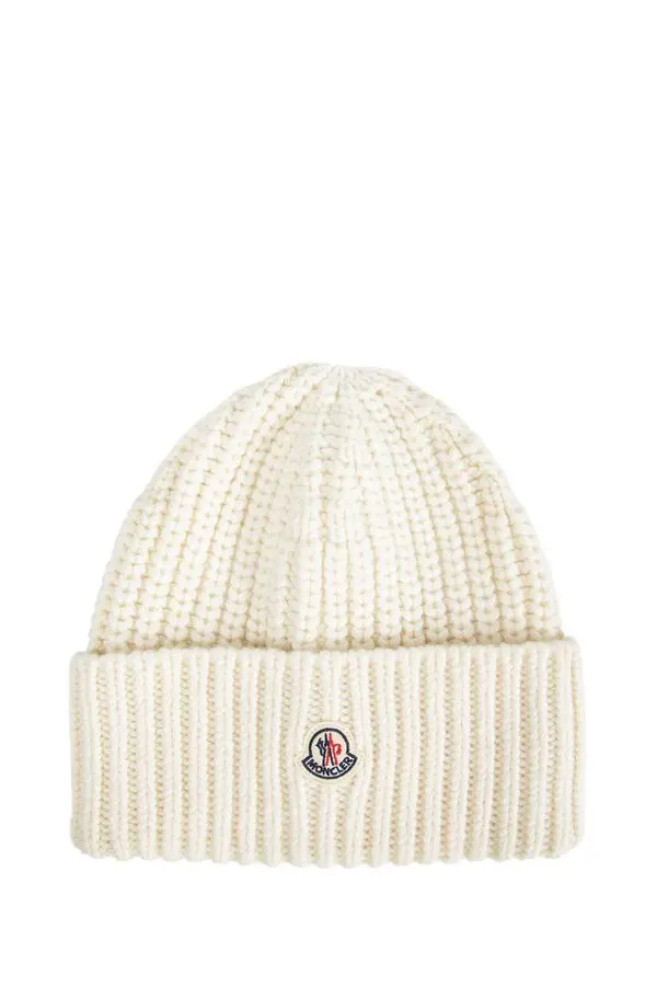 Moncler Ribbed Knit Beanie With Fur Pom-pom And Logo Patch - Beige