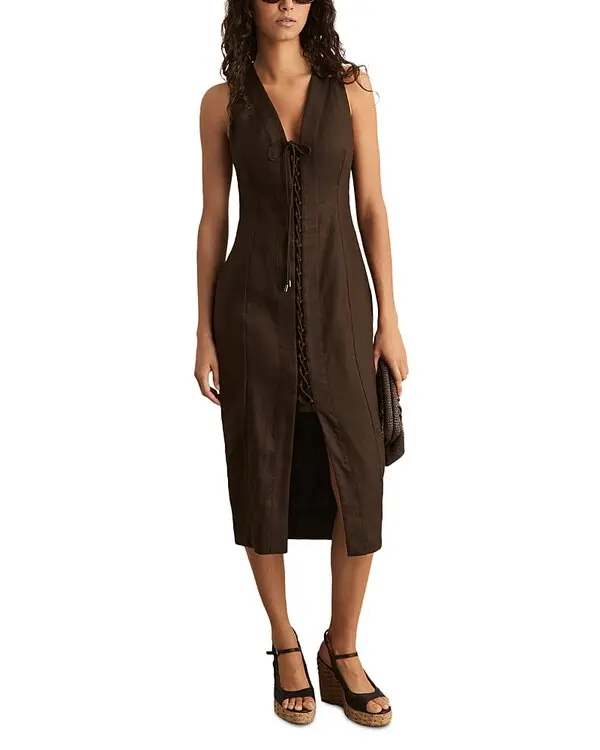 REISS Amelia Tie Detailed Midi Dress - Chocolate