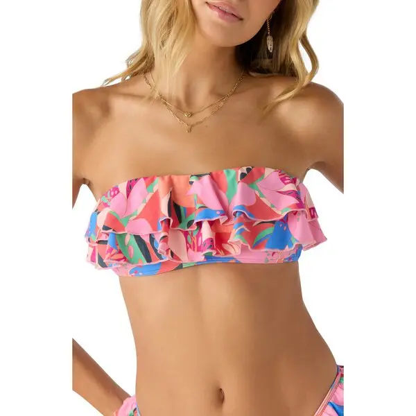 O'Neill Cabana Diaz Floral Ruffle Strapless Bikini Top - Pink Multi Colored