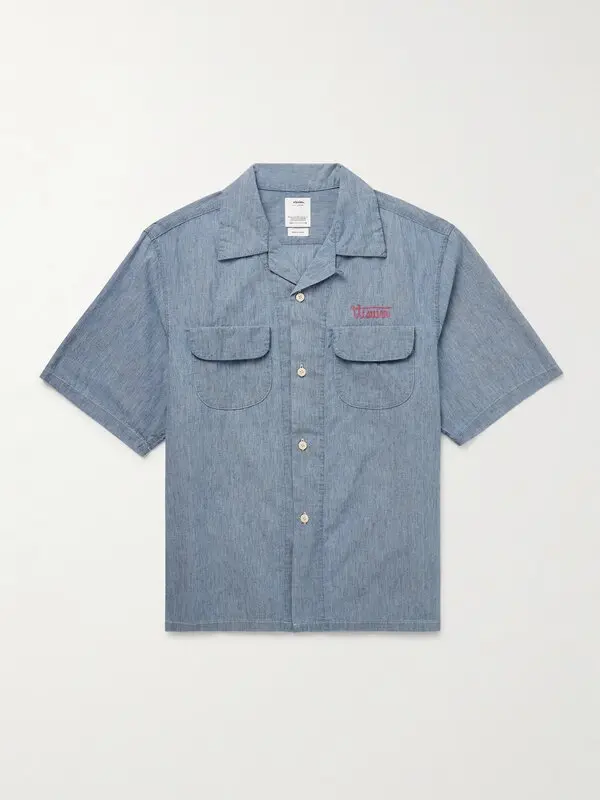 Visvim Keesey Convertible-collar Logo-embroidered Cotton And Silk-blend Chambray Shirt