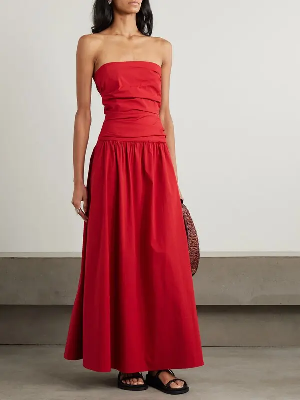 ST. AGNI Strapless Tie-back Crinkled Cotton-blend Maxi Dress - Red