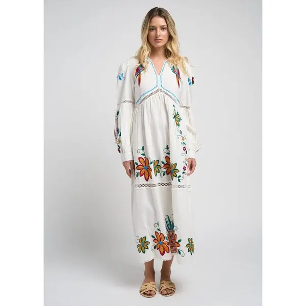 GUADALUPE DESIGN Sofia Parrot Embroidered Cotton Dress - White