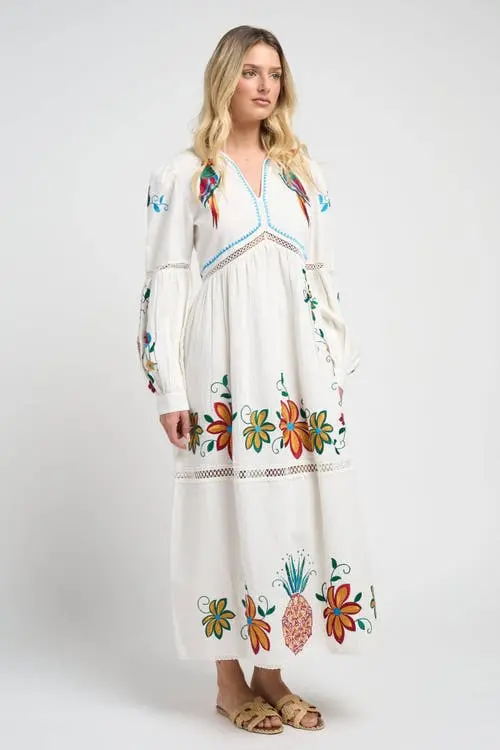 GUADALUPE DESIGN Sofia Parrot Embroidered Cotton Dress
