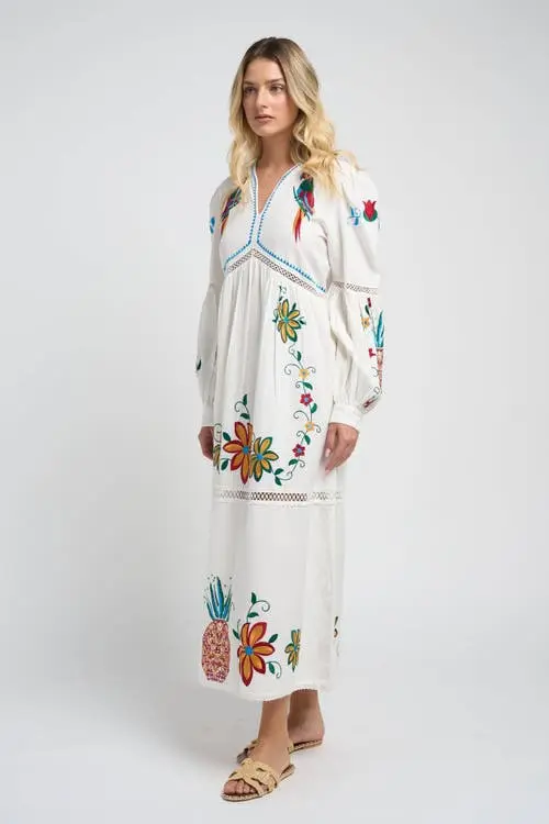 GUADALUPE DESIGN Sofia Parrot Embroidered Cotton Dress