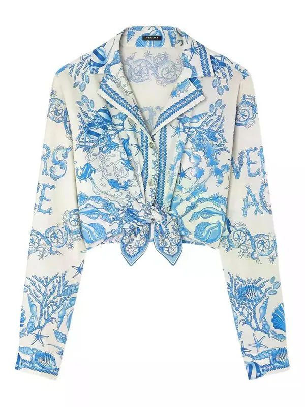 Versace Underwater Barocco Knotted Cropped Shirt - Blue