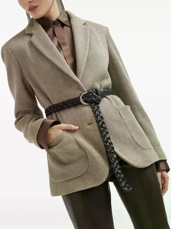 Brunello Cucinelli Ribbed Blazer With Monili Chain Detail - Neutrals