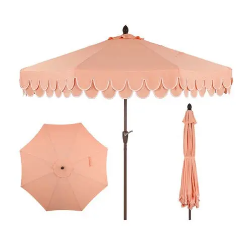 JONATHAN Y Tracy 9 Ft. Classic Midcentury Scalloped Fringe Market Patio Umbrella With Auto-tilt, Crank - Coral Pink
