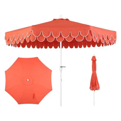 JONATHAN Y Tracy 9 Ft. Classic Midcentury Scalloped Fringe Market Patio Umbrella With Auto-tilt, Crank - Coral Red/white Pole