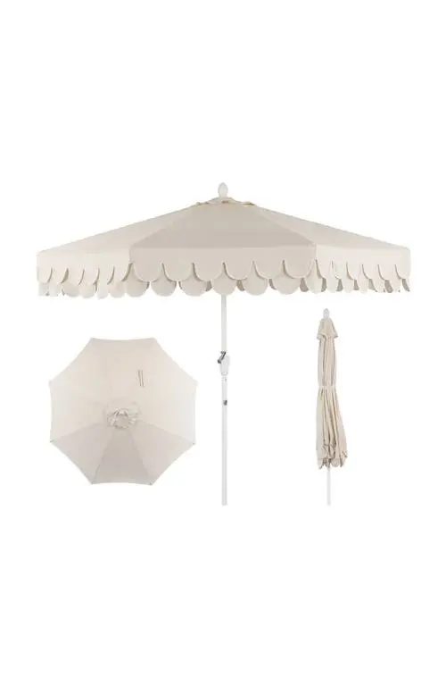 JONATHAN Y Tracy 9 Ft. Classic Midcentury Scalloped Fringe Market Patio Umbrella With Auto-tilt, Crank - Cream